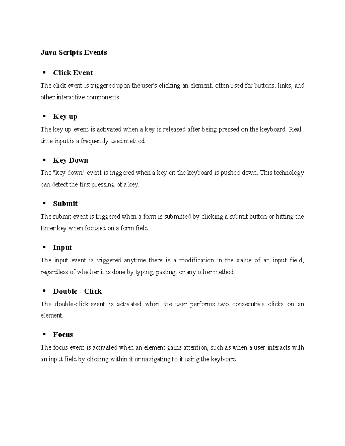 Java Script Event - bfnfn - Java Scripts Events Click Event The click event is triggered upon ...