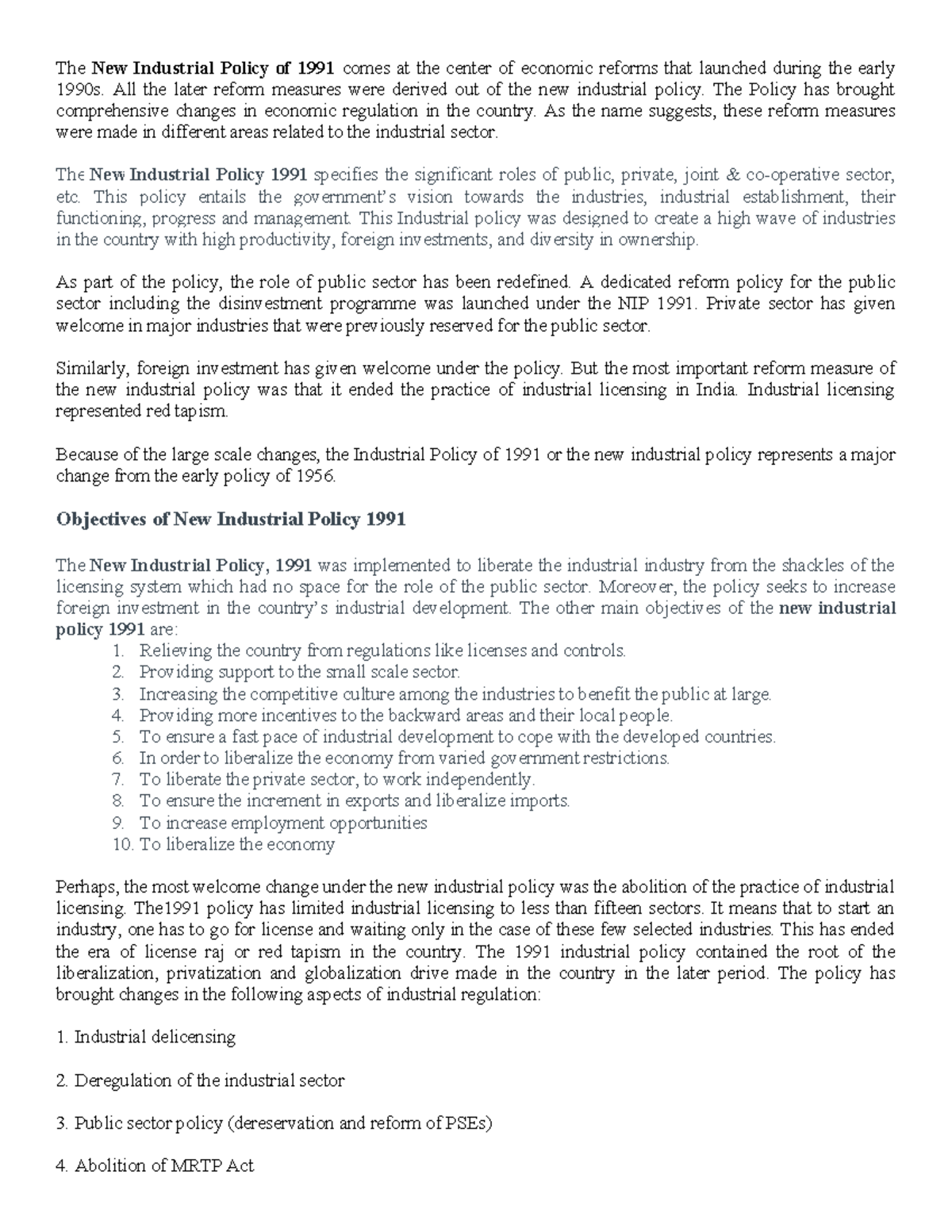 NIP1991 - UNIT-1 - The New Industrial Policy of 1991 comes at the ...