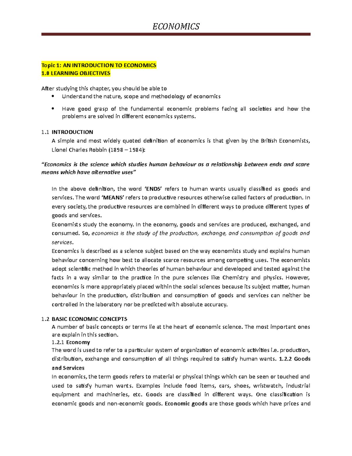 Micro- Ecnomic Notes-2 - Topic 1: AN INTRODUCTION TO ECONOMICS 1 ...