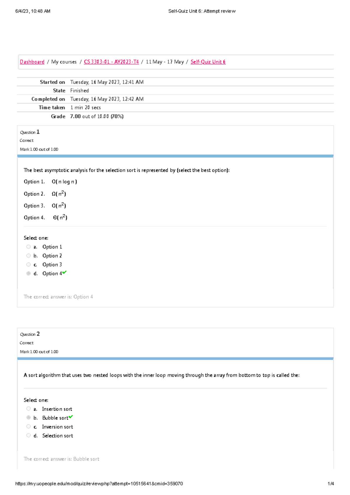 Self-Quiz Unit 6 Attempt review - Started on Tuesday, 16 May 2023, 12:41 AM State Finished ...