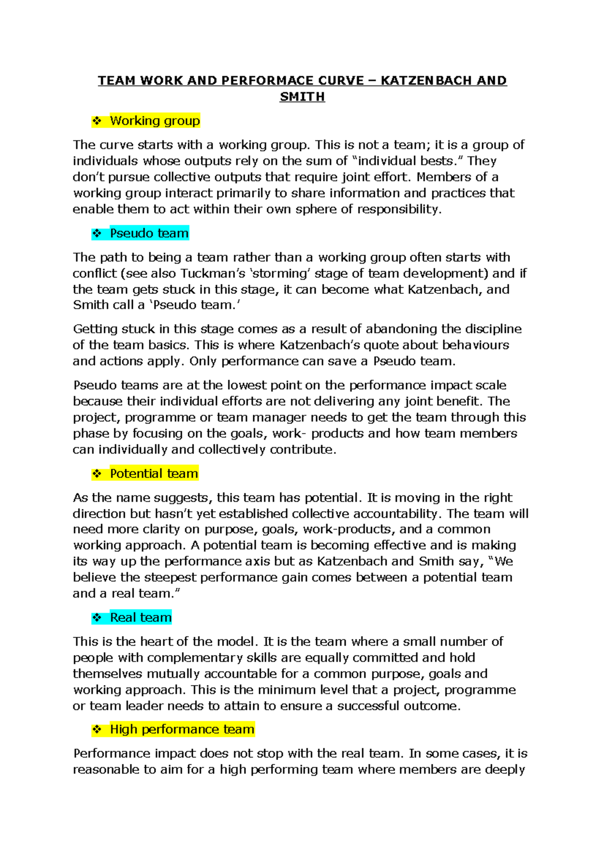 TEAM WORK AND Performace Curve – Katzenbach AND Smith - Management and ...