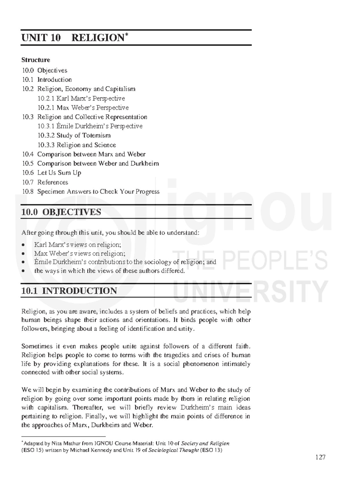 Unit-10 - Summary Sociology - Religion UNIT 10 RELIGION * Structure 10 ...
