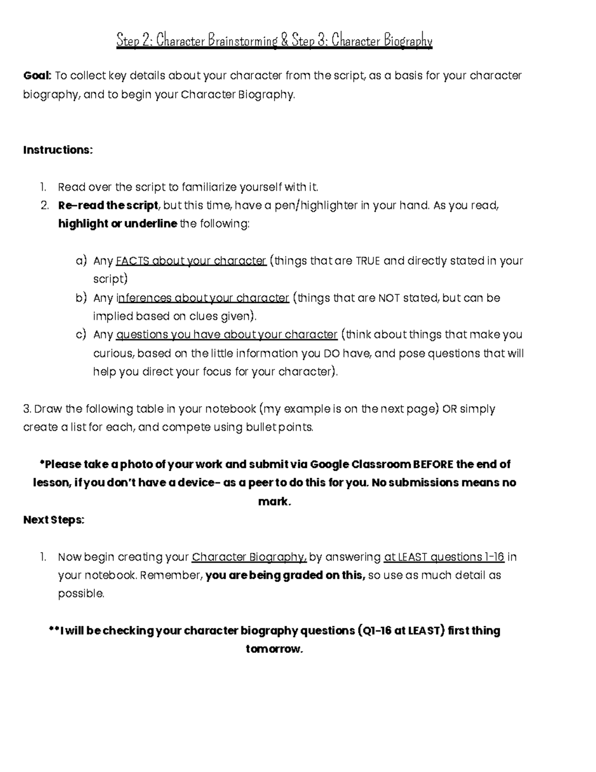 Character Brainstorming & Step 3 Character Biography - Step 2 ...