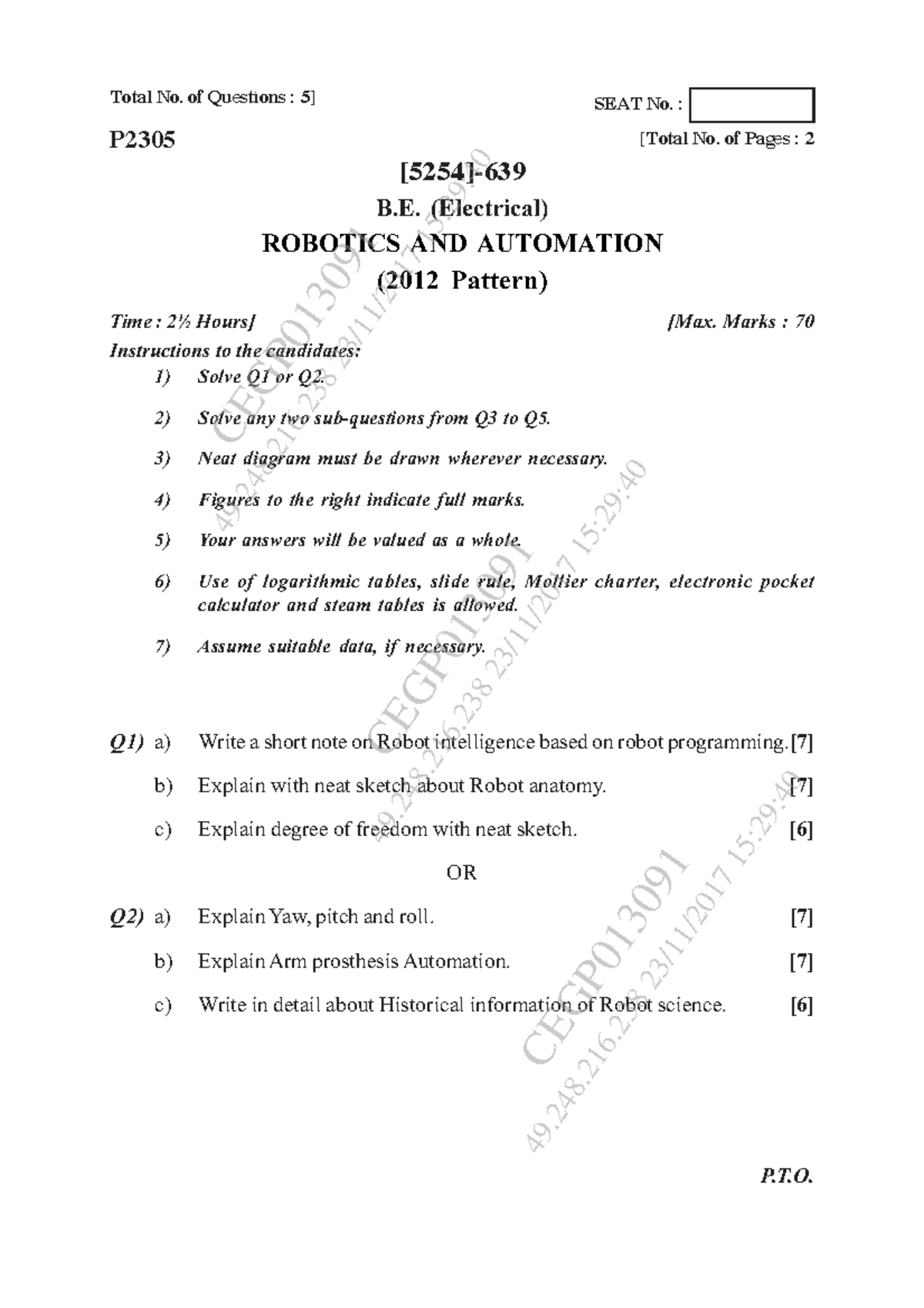 robotics and automation - ####### Total No. of Questions : 5 ...