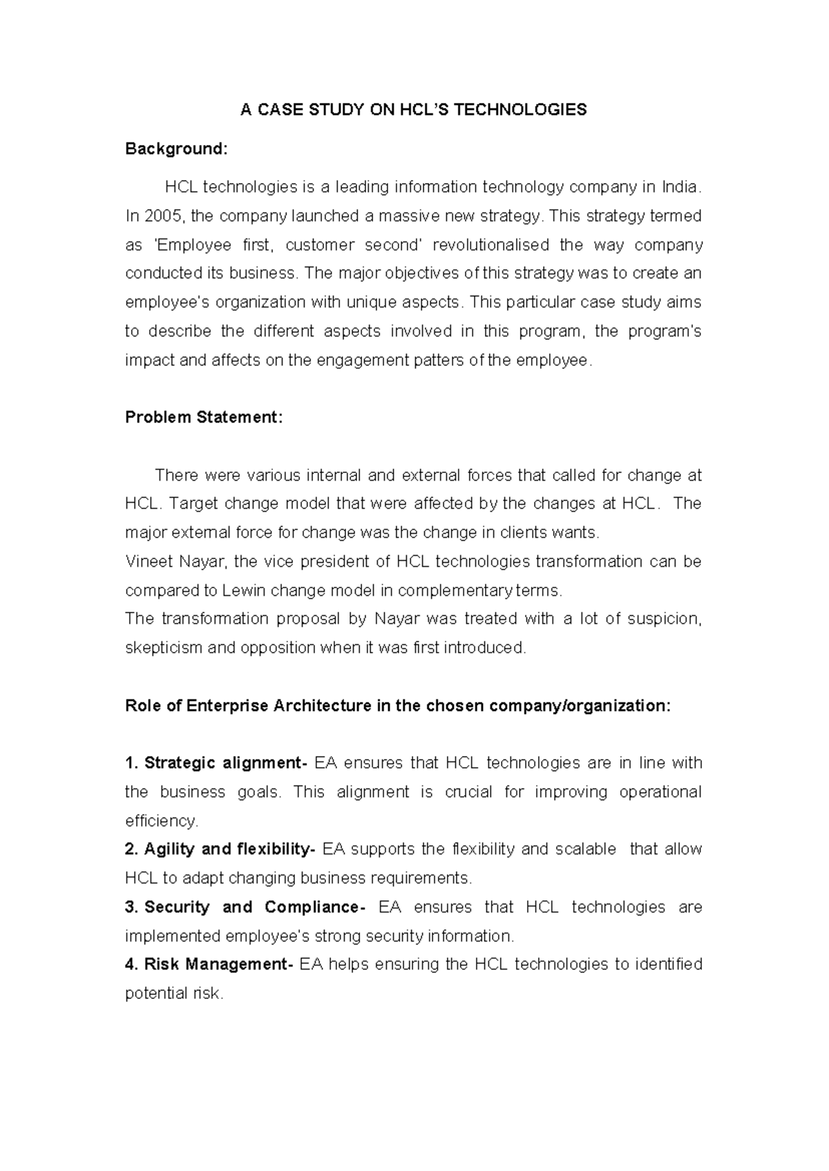 A CASE Study ON HCL - If you need ref. - A CASE STUDY ON HCL’S ...
