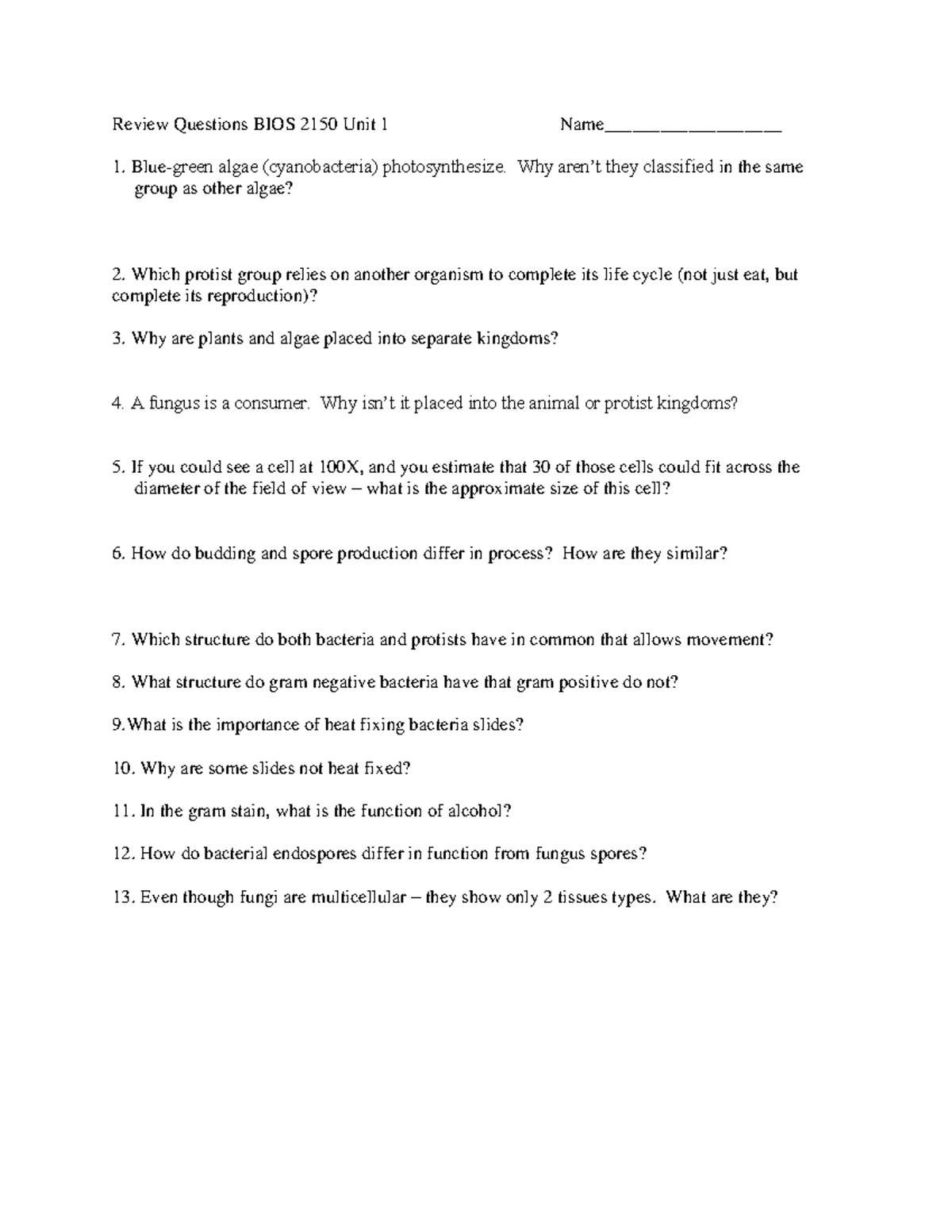 Review Questions BIOS 2150 Unit 1 - Review Questions BIOS 2150 Unit 1 ...