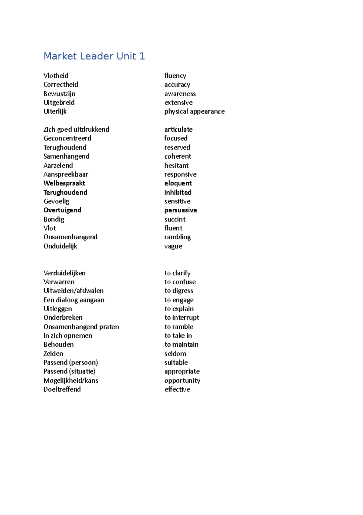 Market Leader Unit 1 VOC - Market Leader Unit 1 Vlotheid fluency ...