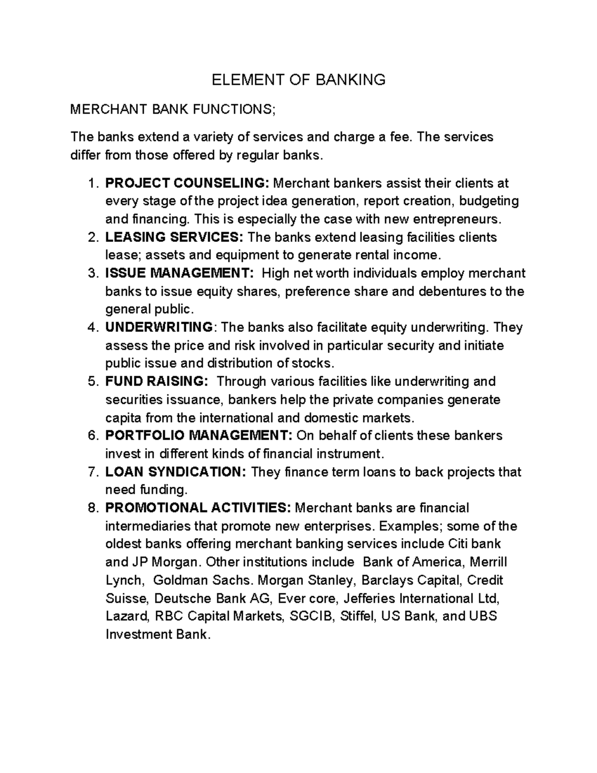 Element OF Banking - ELEMENT OF BANKING MERCHANT BANK FUNCTIONS; The ...