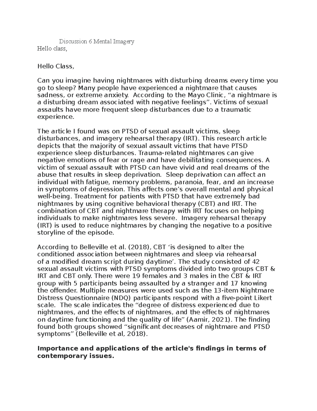 PSY 540 Discussion 6 - Discussion 6 Mental Imagery Hello class, Hello ...