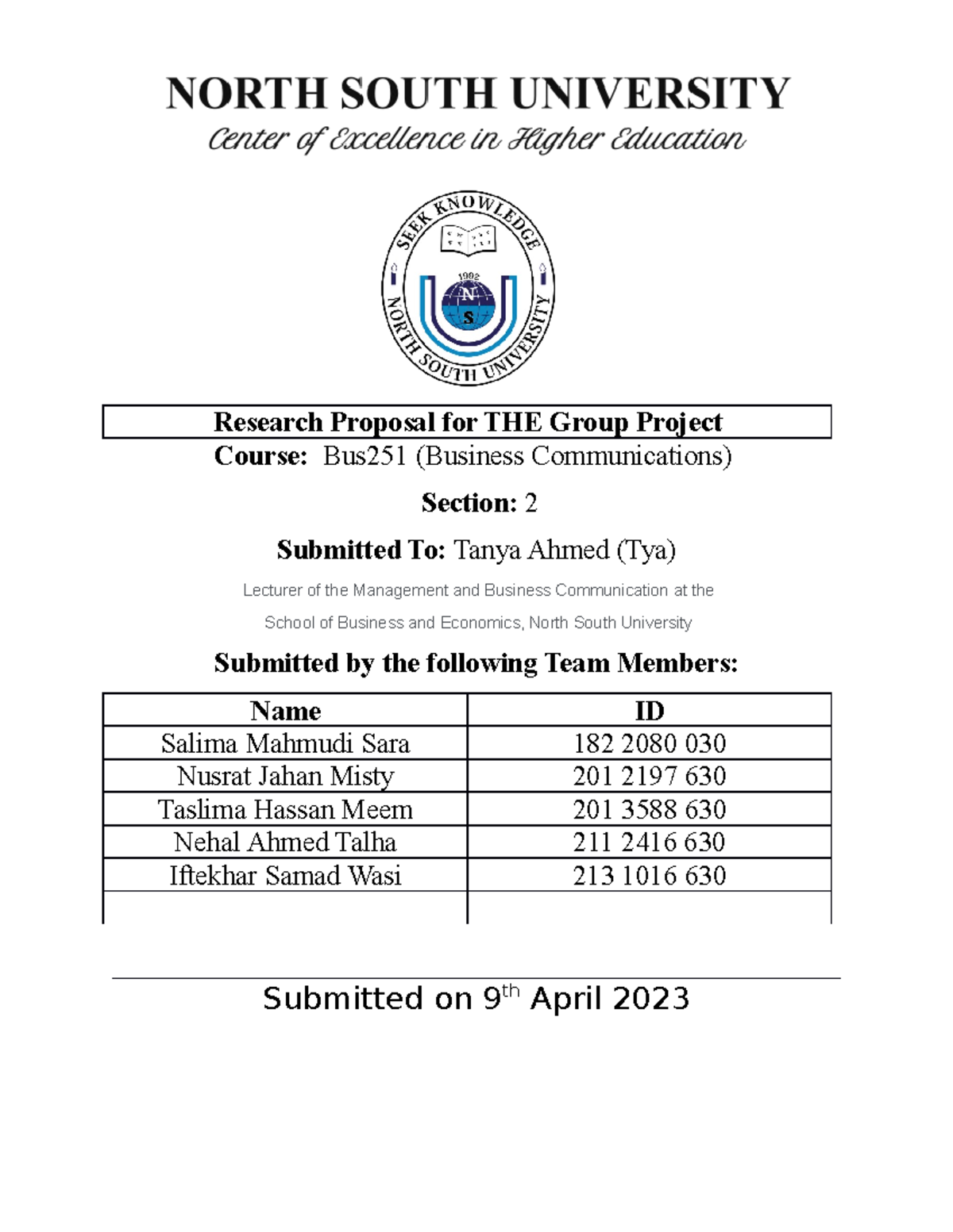 Research Proposal for BUS 251 Group Project 2 - Research Proposal for ...