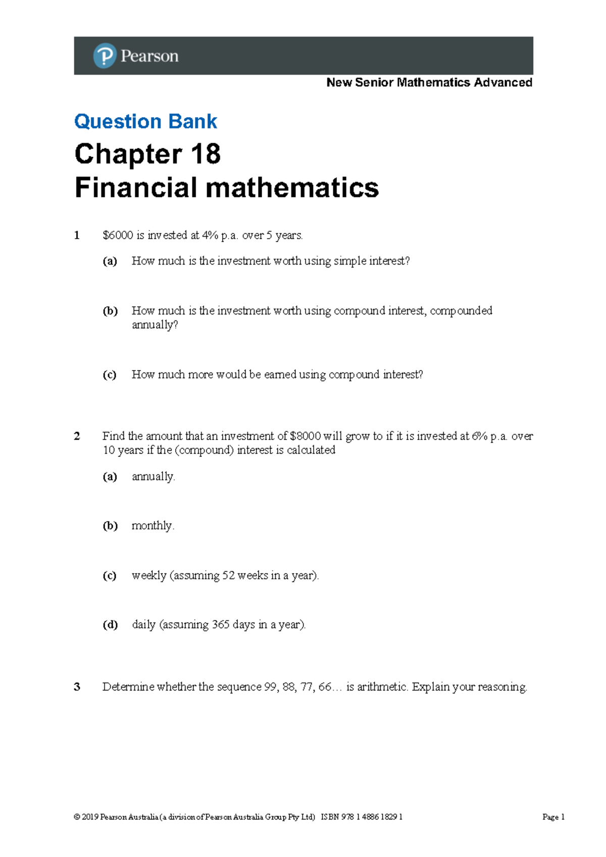 Financial Maths QBank - practice qs - Question Bank Chapter 1 8 Financial mathematics 1 $6000 is ...