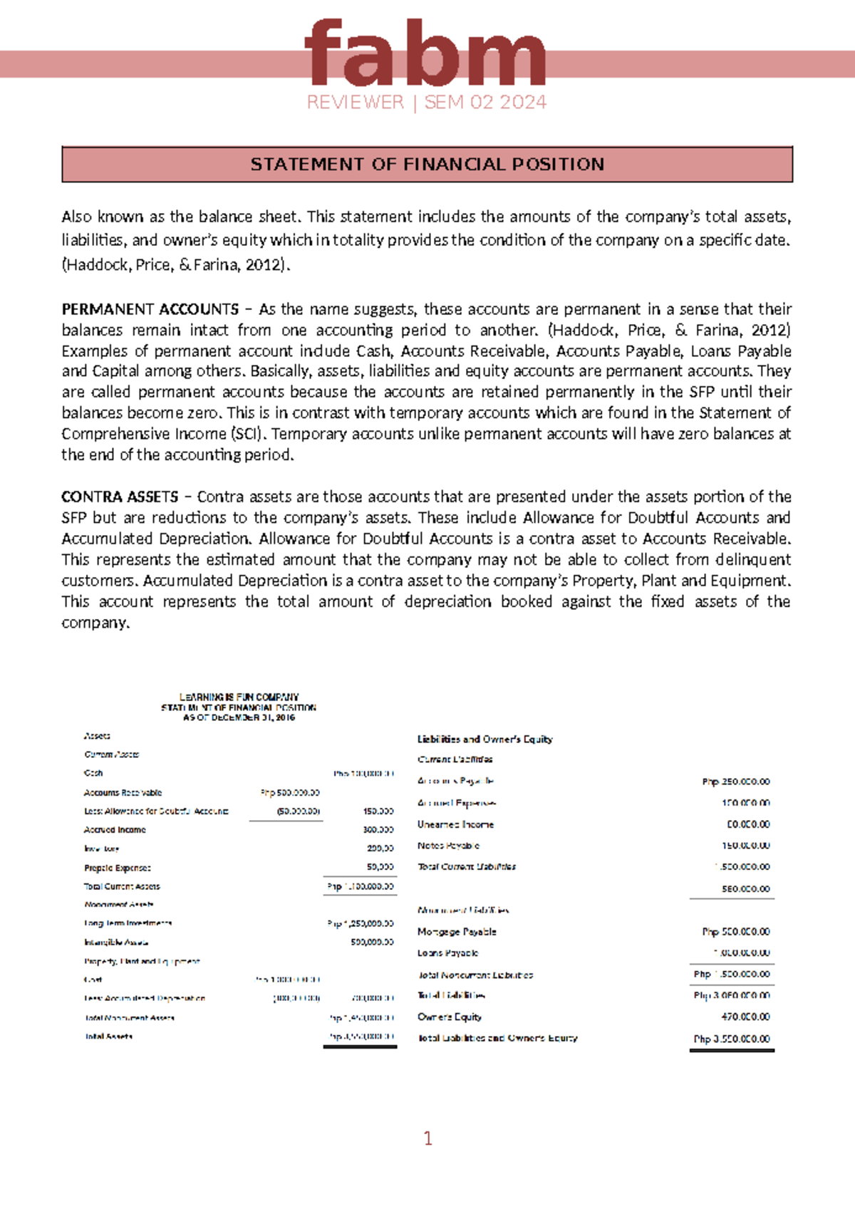FABM 1 Reviewer (Grade 12) - REVIEWER | SEM 02 2024 STATEMENT OF FINANCIAL POSITION Also known ...