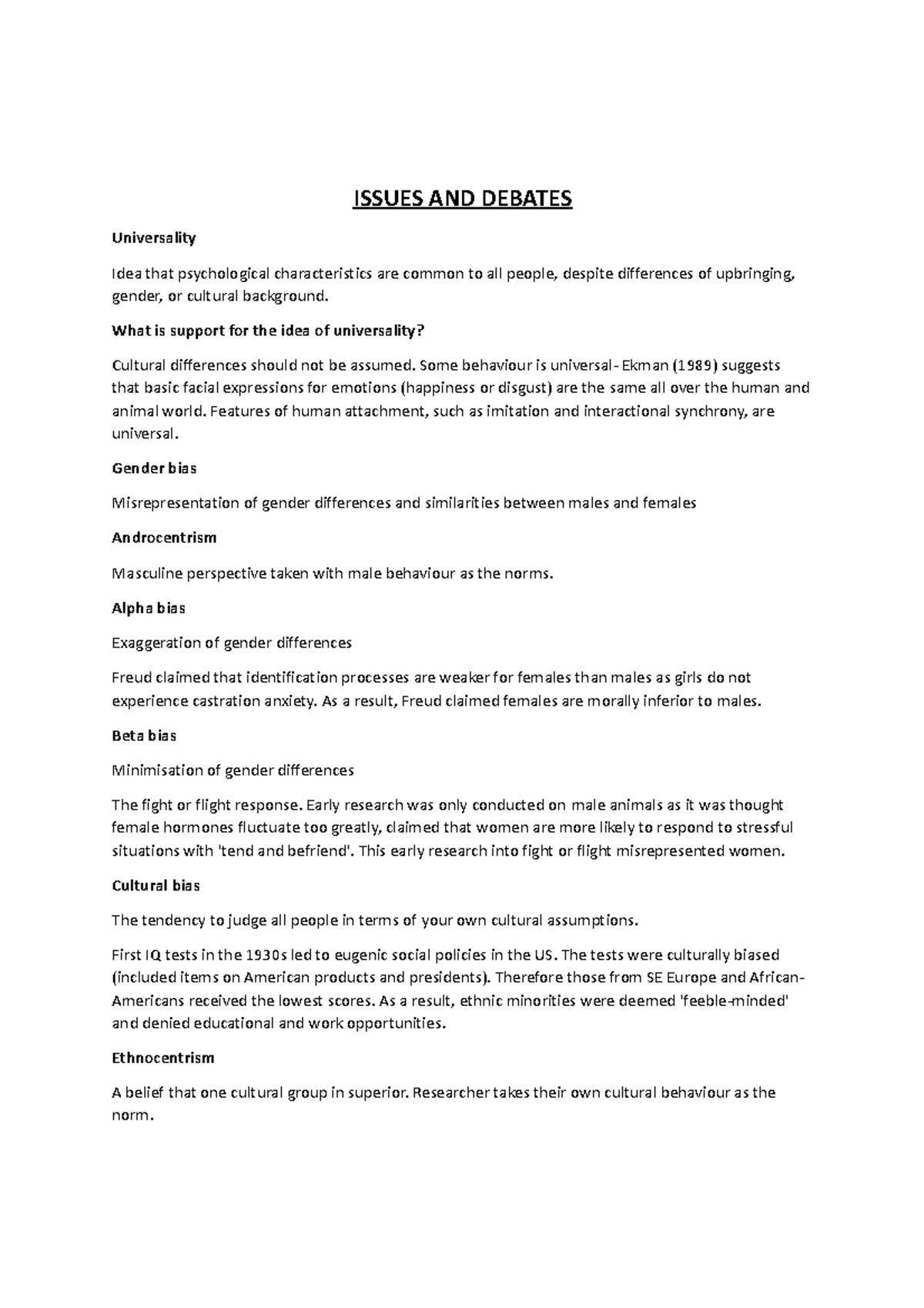 Issues AND Debates - summary - ISSUES AND DEBATES Universality Idea ...