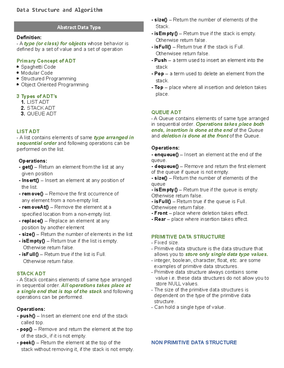 Data Structure Topics For Dsaa Prelim Definition A Type Or Class For Objects Whose