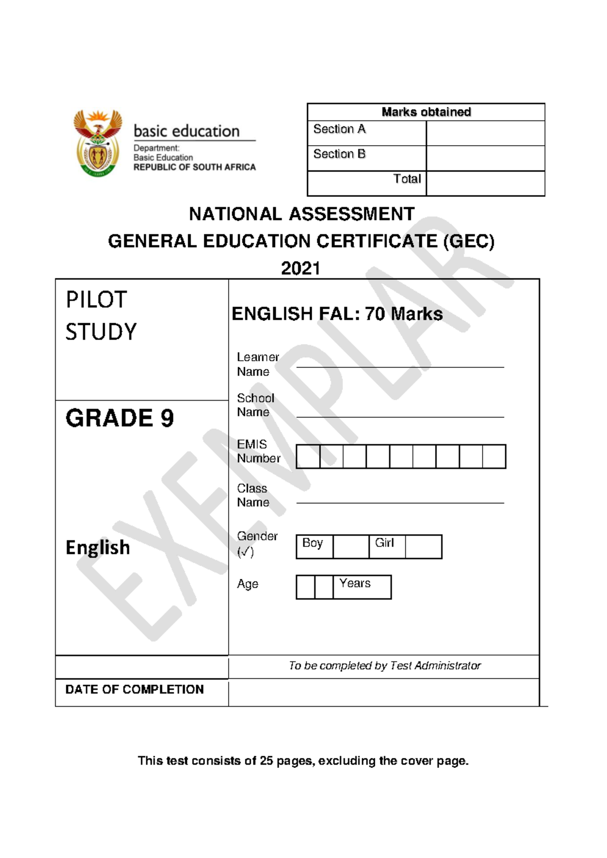 GEC GR 9 English FAL 2021 TEST - Marks obtained Section A Section B ...