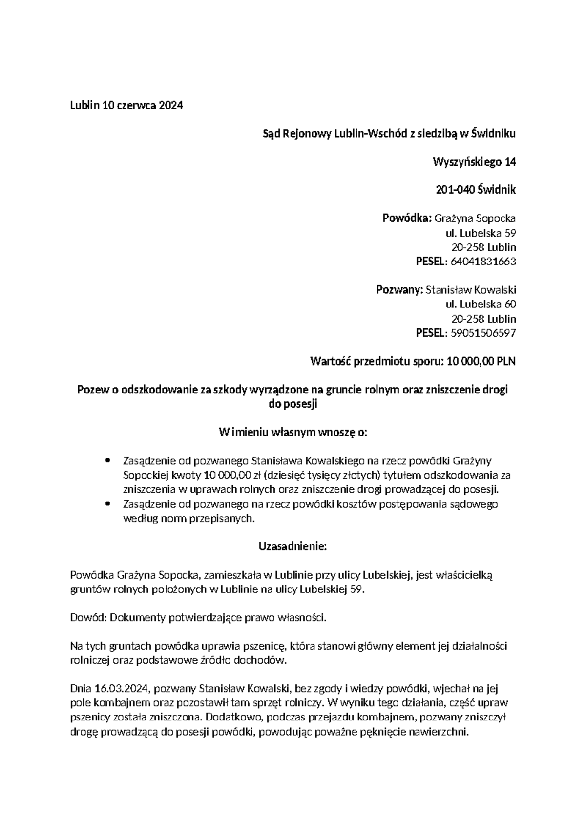 Pozew o odszkodowanie - Paweł Panasiuk 2 - Lublin 10 czerwca 2024 Sąd Rejonowy Lublin-Wschód z ...