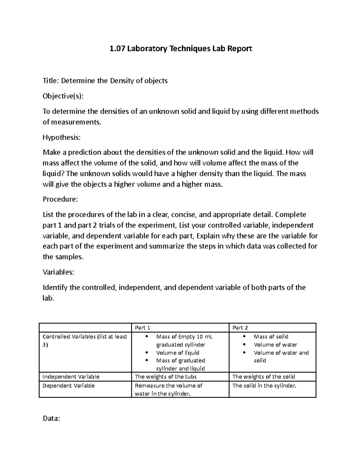 1.07 Laboratory Techniques - 1 Laboratory Techniques Lab Report Title ...