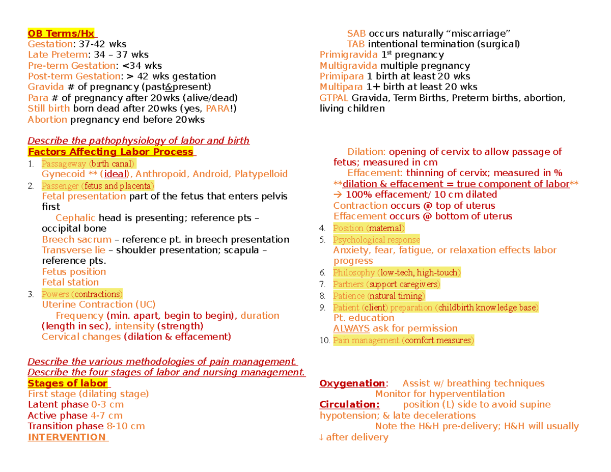 Exam 1 notes - NA - OB Terms/Hx Gestation: 37-42 wks Late Preterm: 34 ...