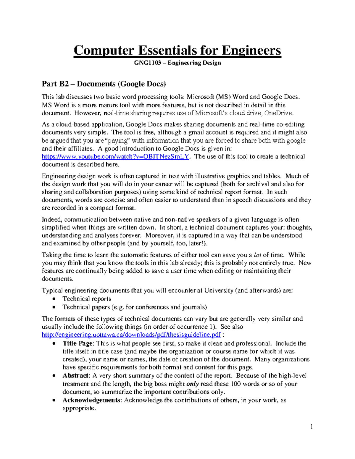 Computer lab Google Docs v3 - Computer Essentials for Engineers GNG1103 ...