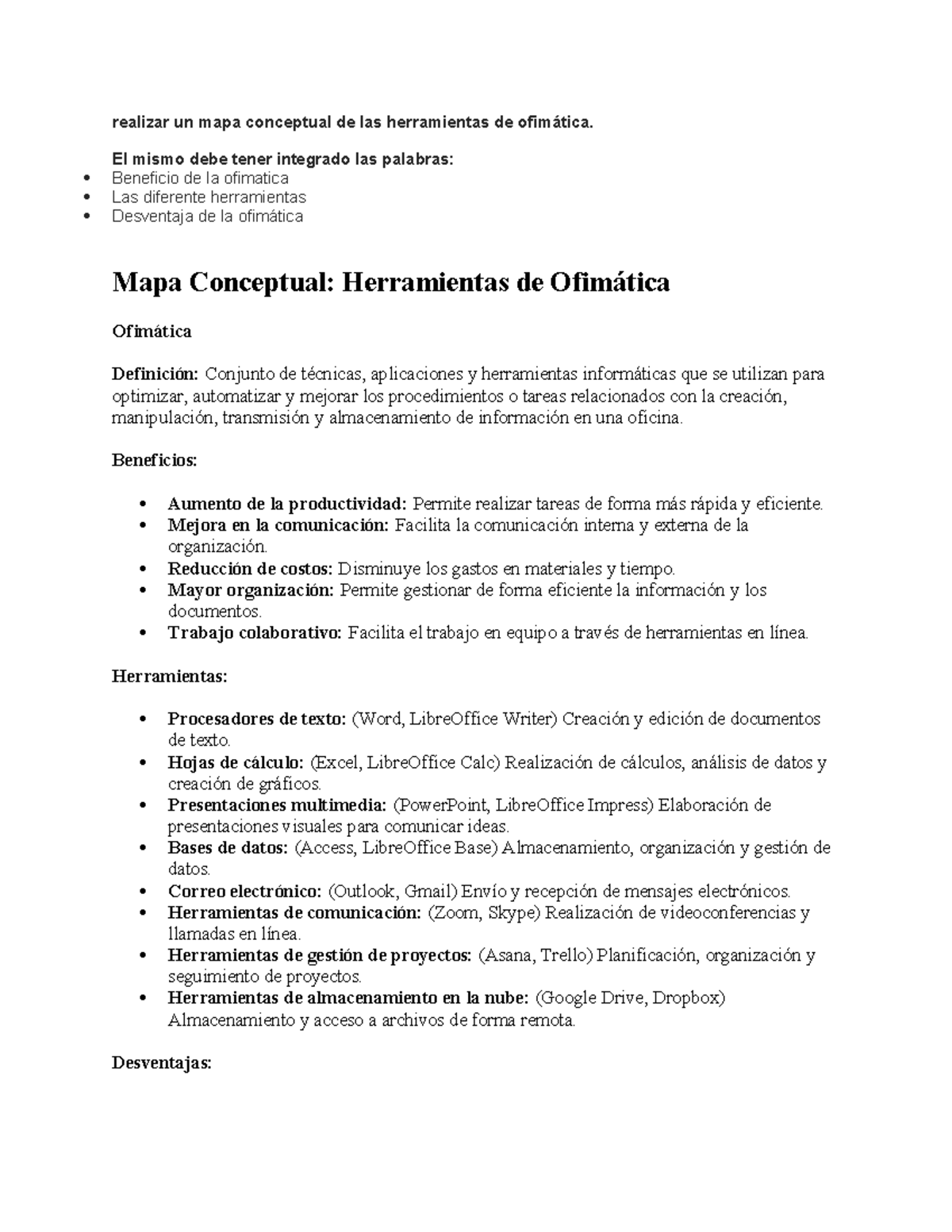 Realizar un mapa conceptual de las herramientas de ofimática - El mismo debe tener integrado las ...