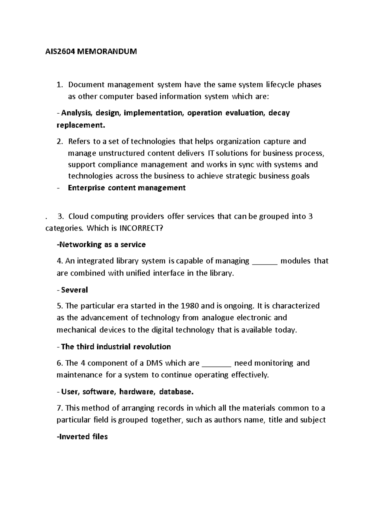 AIS2604 Memorandum - information science - AIS2604 MEMORANDUM Document ...