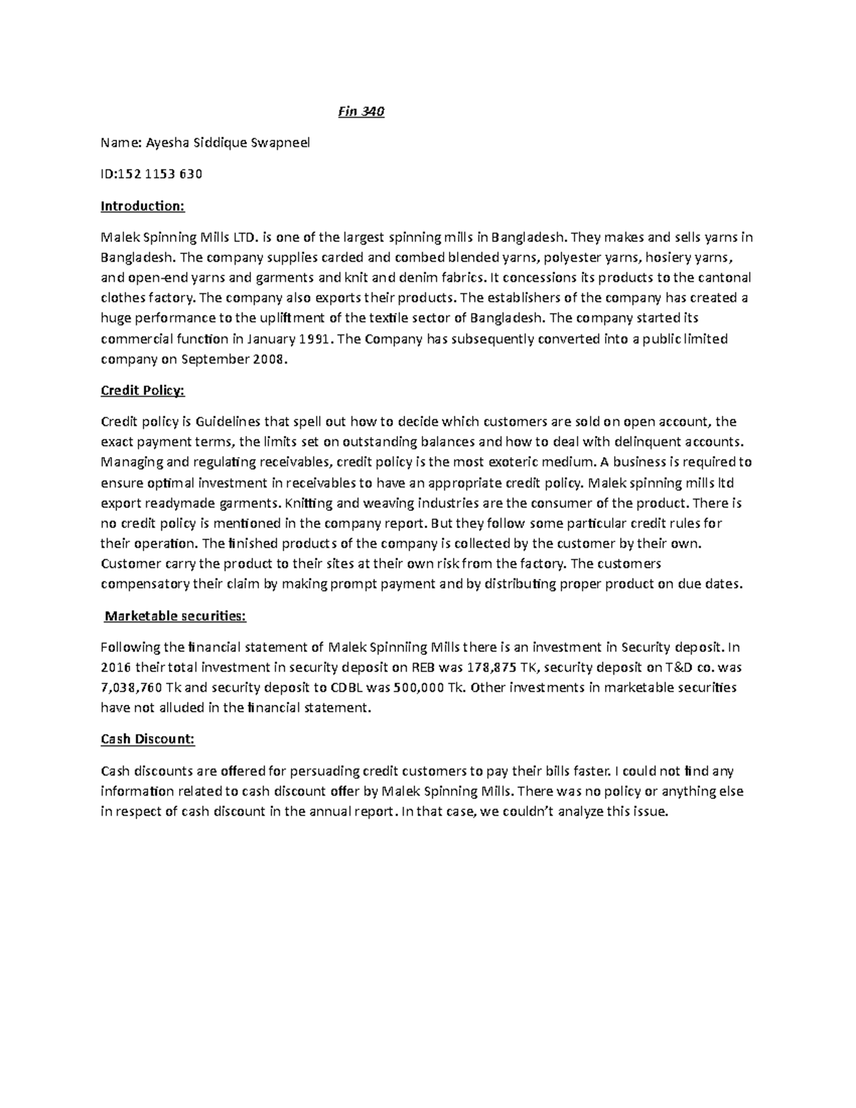 Fin 340 - assignment project - Fin 340 Name: Ayesha Siddique Swapneel ...