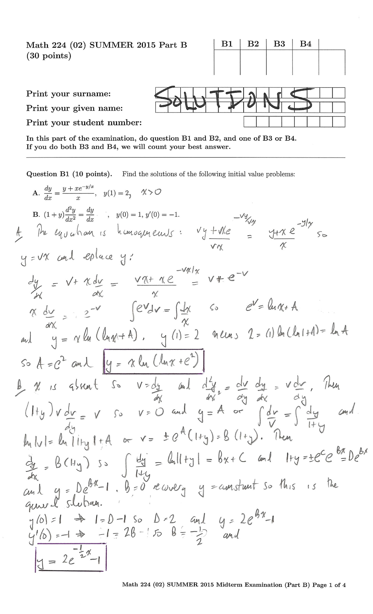 Exam 29 July 2015, Questions and Answers, Part B - Math 224.3 - Studocu