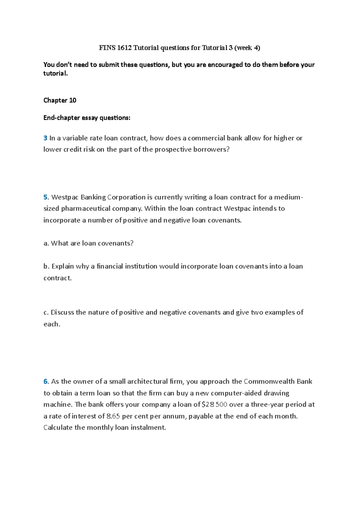 Homework questions 4 - FINS 1612 Tutorial questions for Tutorial 3 ...