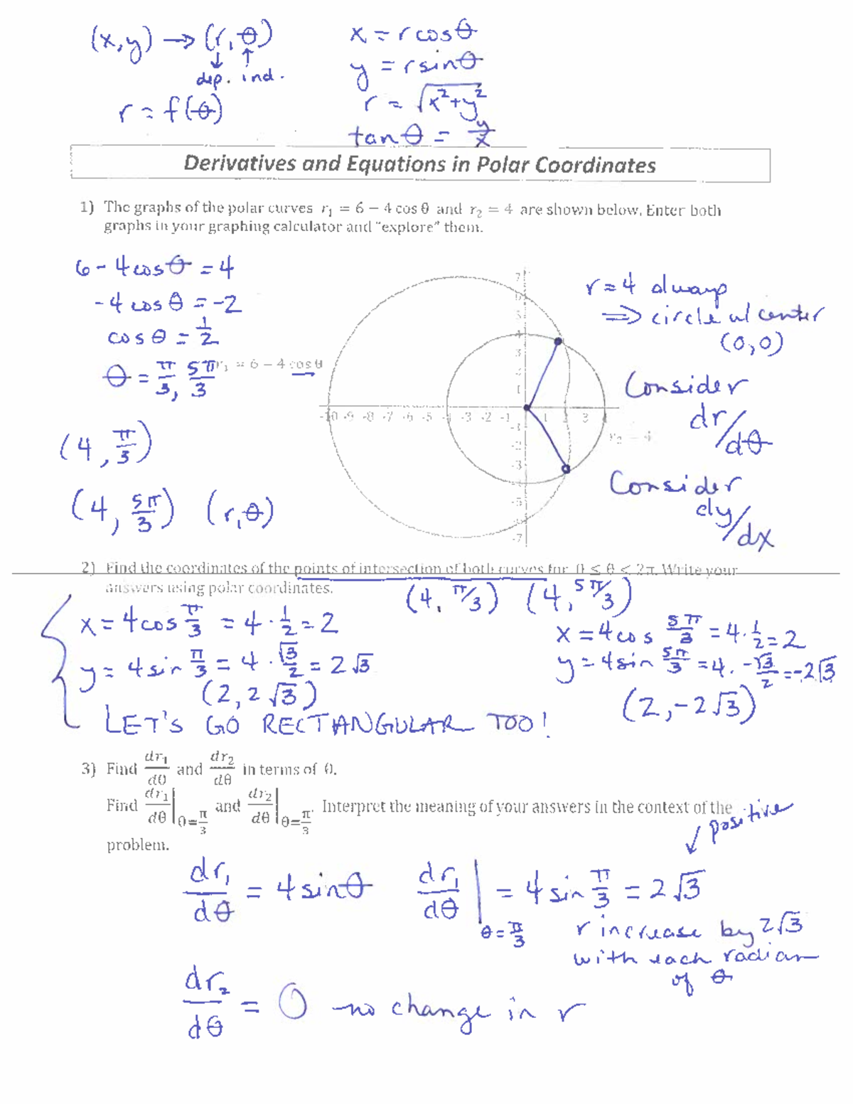 4 polar Derivatives Notes KEY - (x,y) (r,e) x r c os t dep. ind. y sing ...