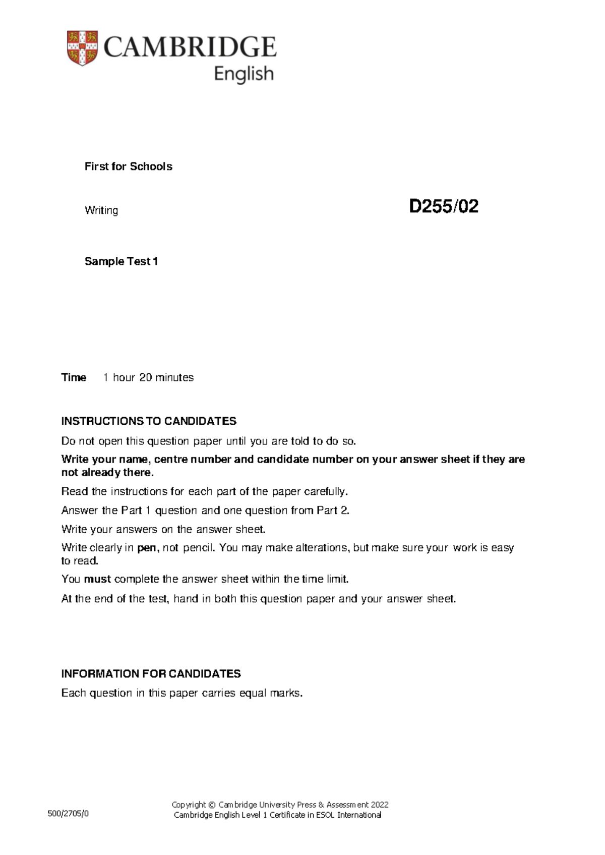 B2 First for Schools sample paper 1 Writing 2022 - First for Schools ...