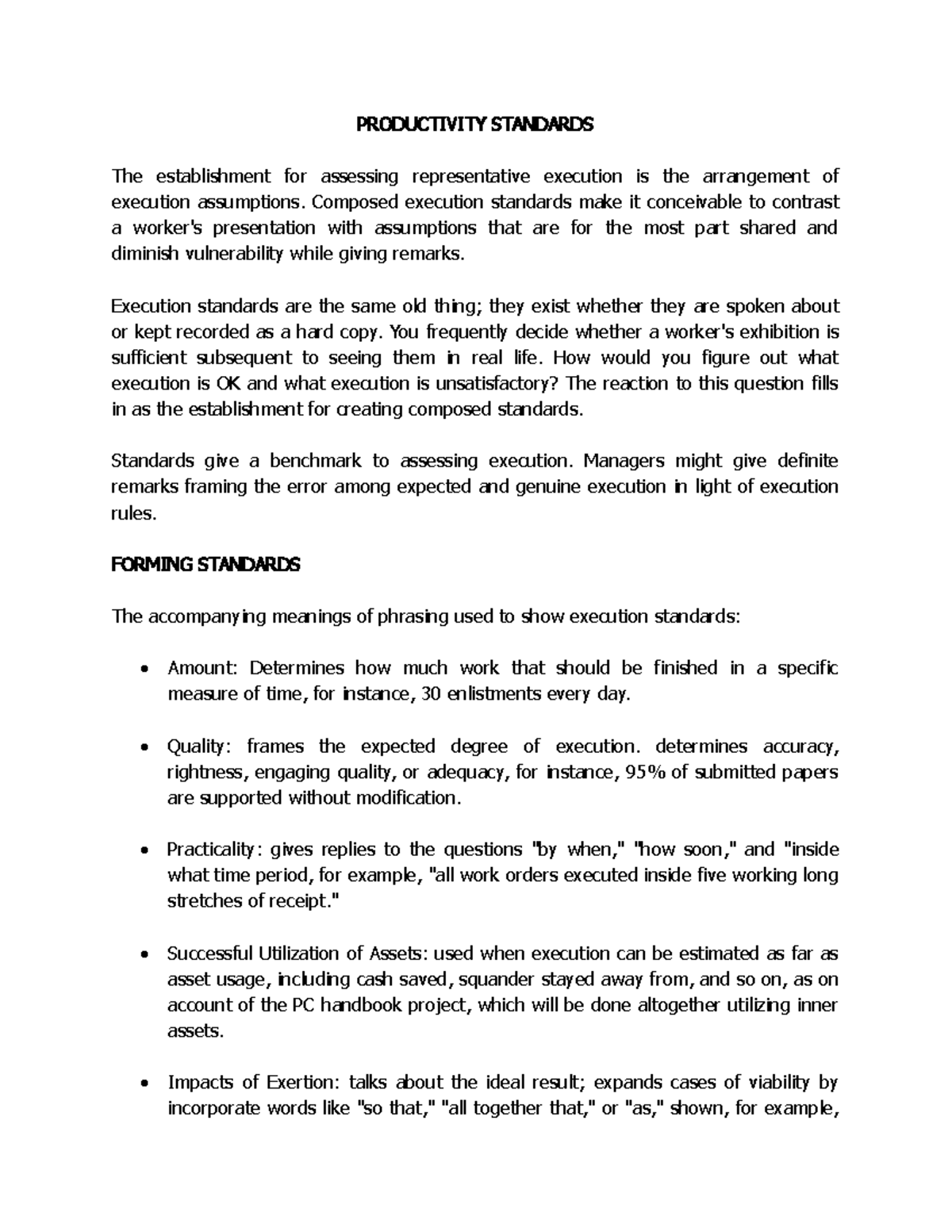 Productivity Standards - PRODUCTIVITY STANDARDS The establishment for ...