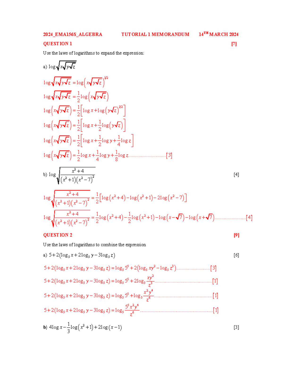 2024 ema156s tutorial 1 - 2024_EMA156S_ALGEBRA TUTORIAL 1 MEMORANDUM 14 TH MARCH 2024 QUESTION 1 ...