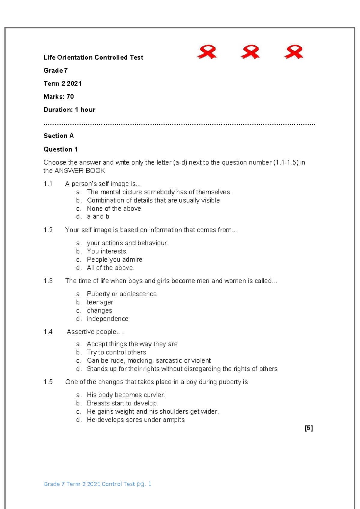 Grade 7 Term 2 Control Test F - Life Orientation Controlled Test Grade ...