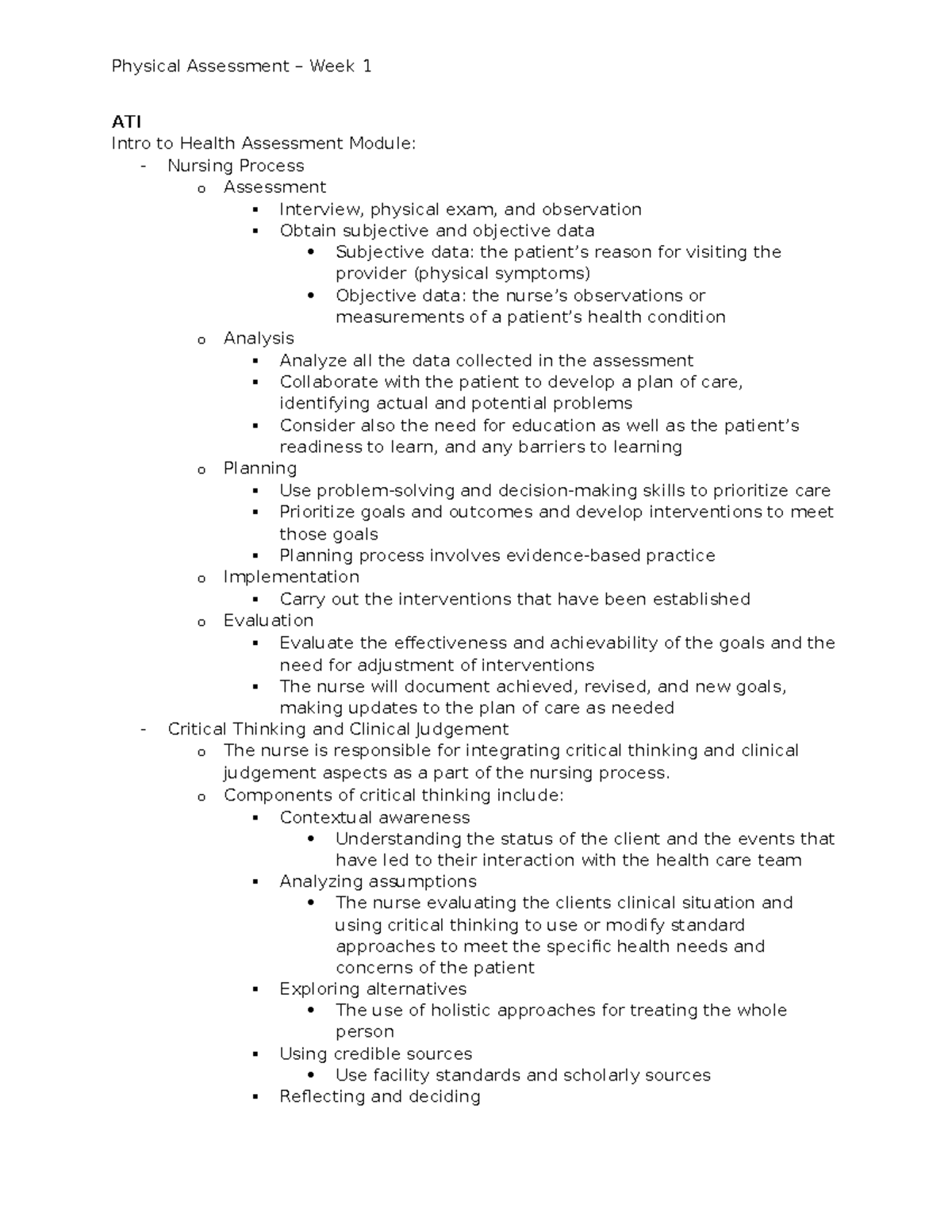 Physical Assessment Notes - Week 1 - ATI Intro to Health Assessment ...