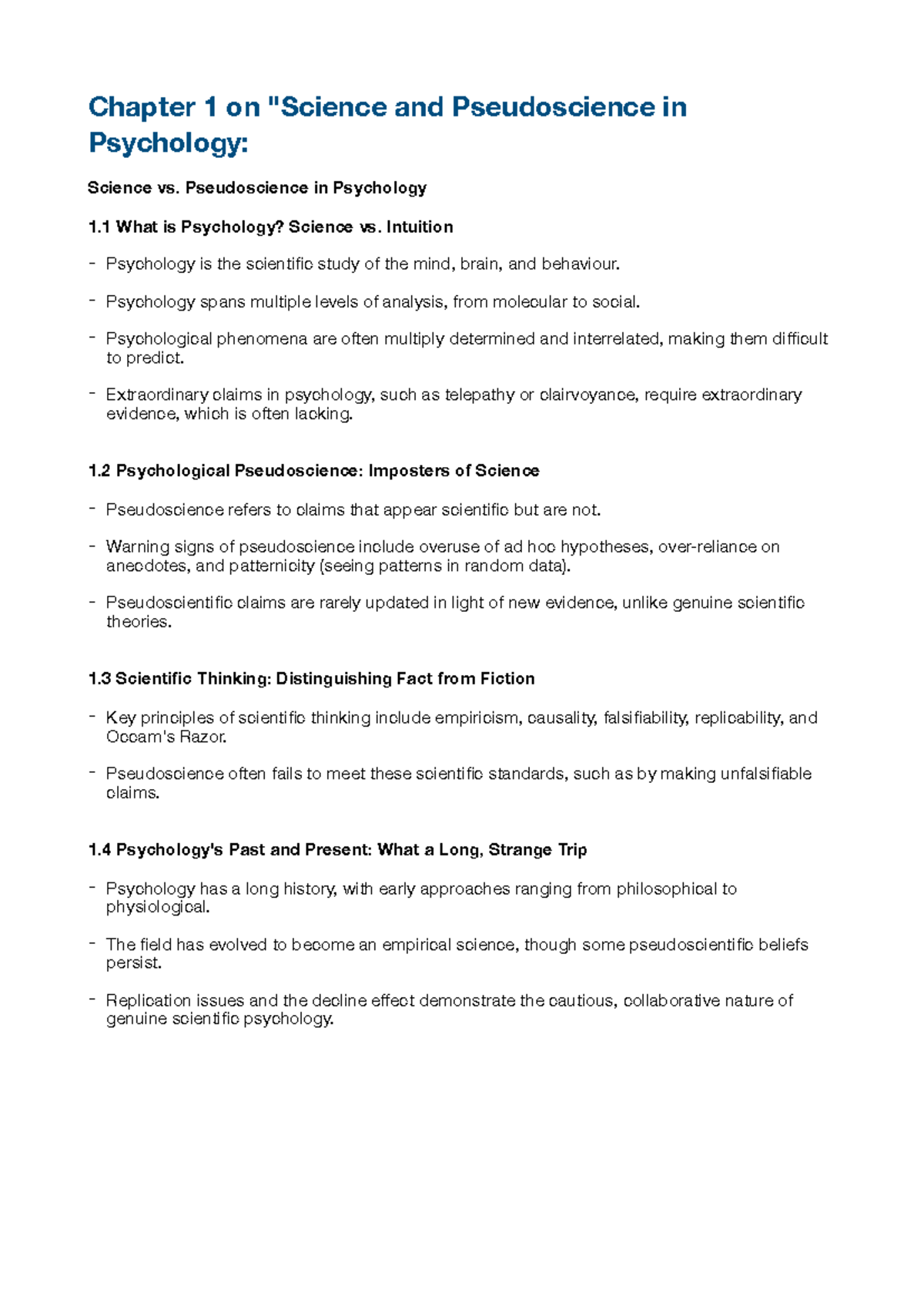 Summary CH 1 on "Science and pseudoscience in Psychology" - Chapter 1 ...