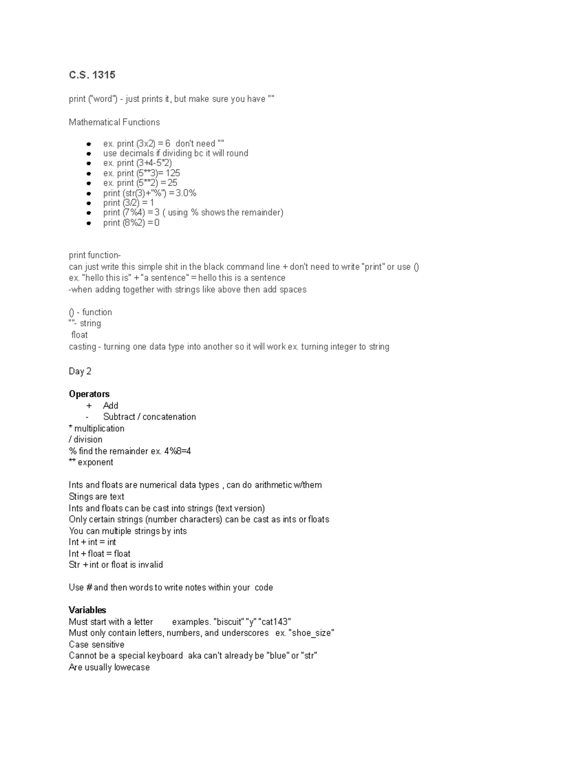 C.s. 1315 - Lecture notes 1-10 - C. 1315 print (“word”) - just prints ...