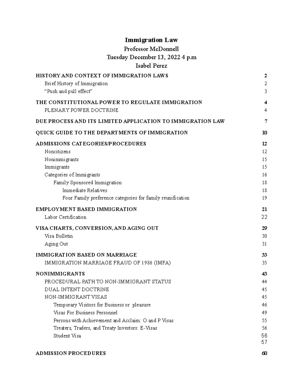 Immigration Law Outline - Immigration Law Professor McDonnell Tuesday ...