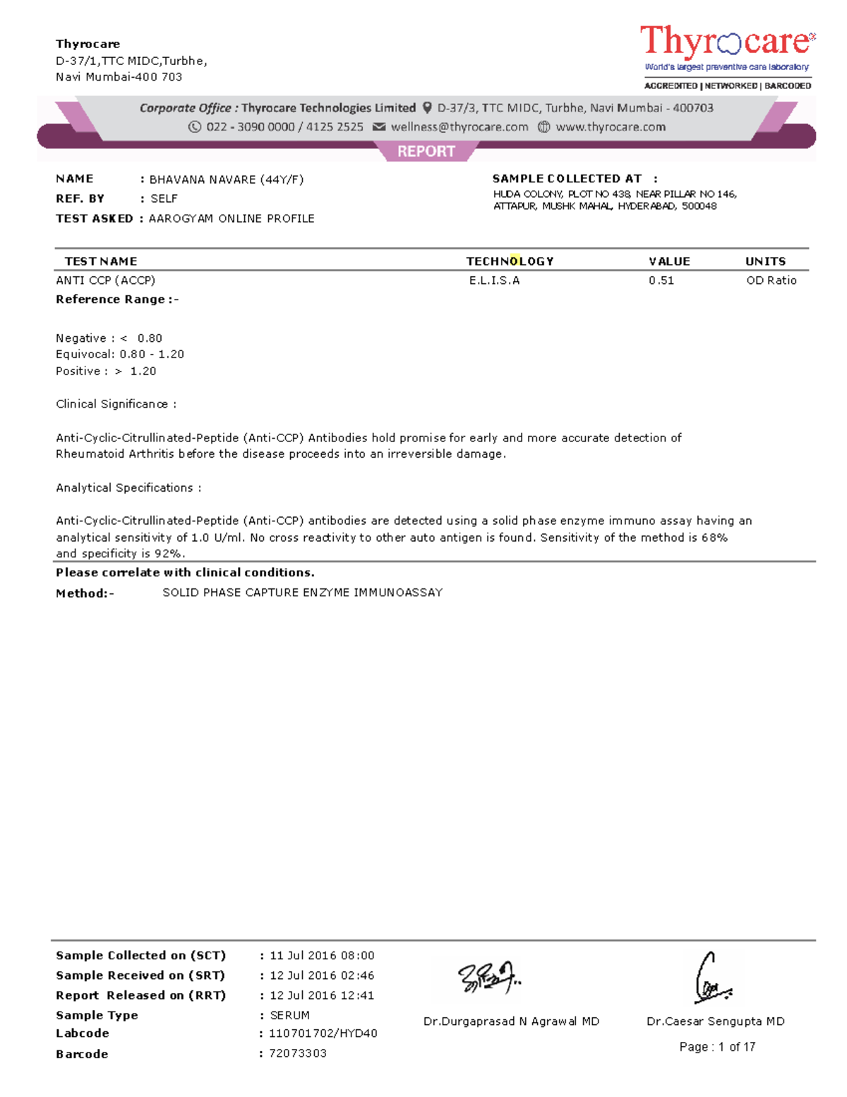 Bhavana thyrocare - reportt - NAME SELF BHAVANA NAVARE (44Y/F) REF. BY ...