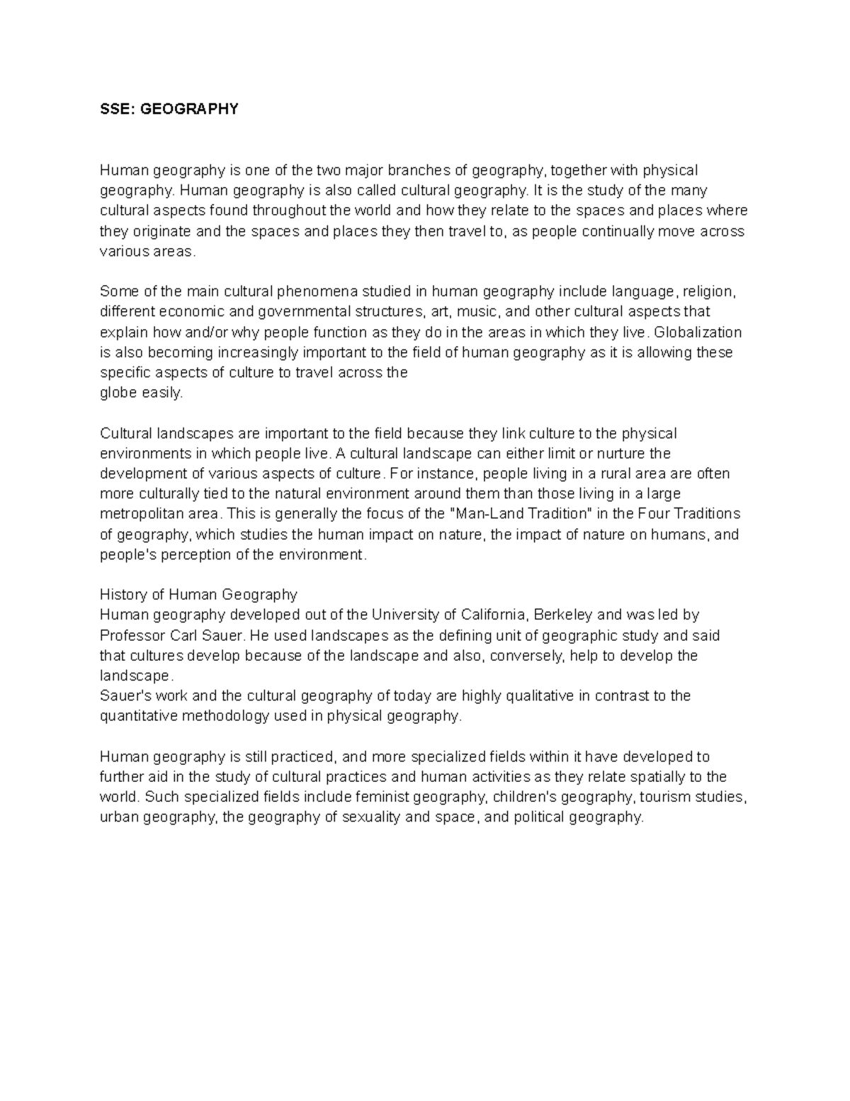 Human Geography - SSE: GEOGRAPHY Human geography is one of the two ...
