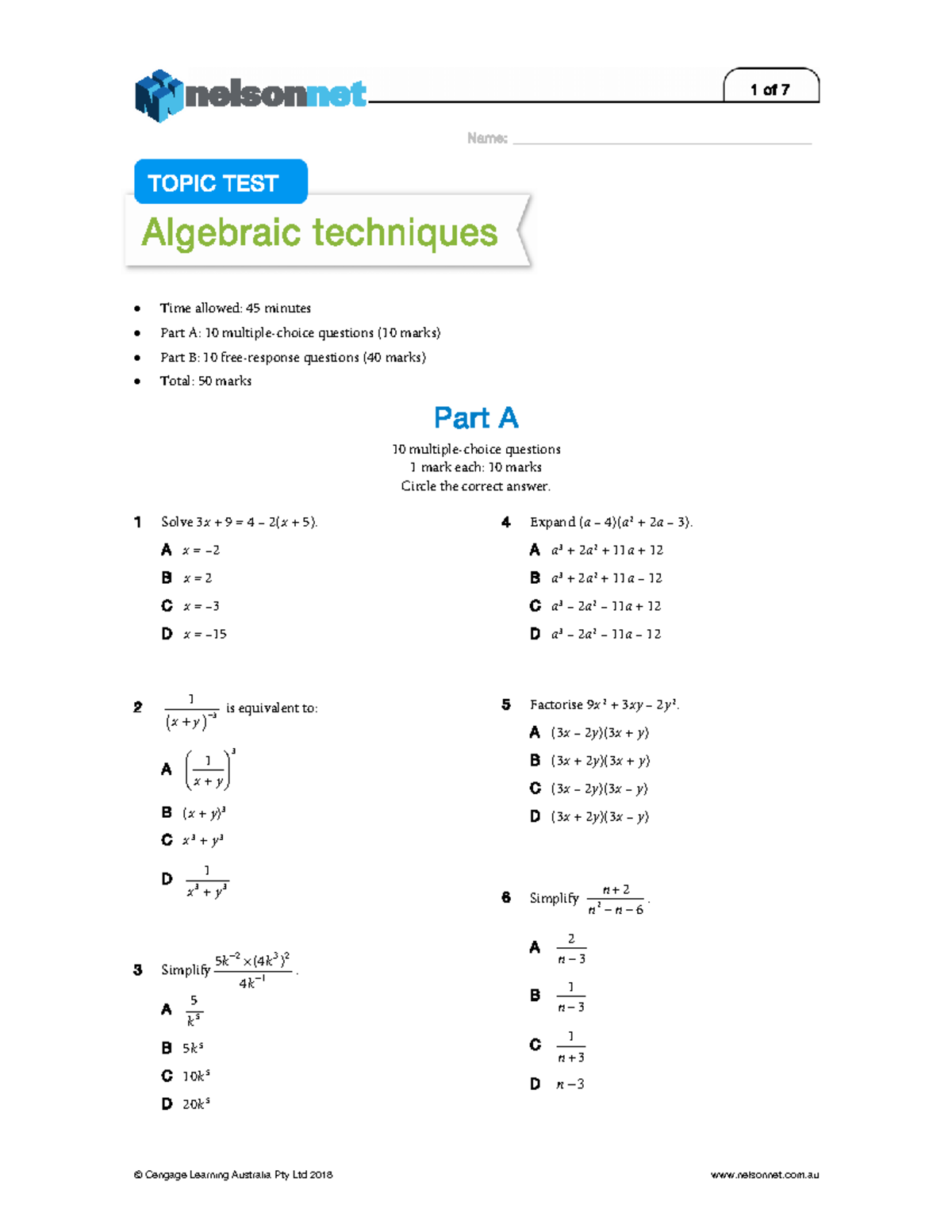 Alegbraic Techniques - Topic Test - Name ...