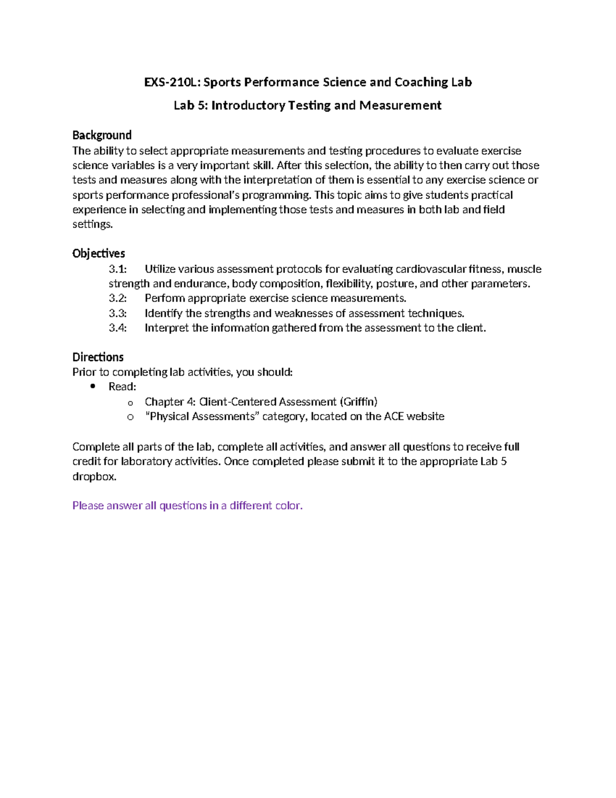 Lab 5 - 100% - EXS-210L: Sports Performance Science and Coaching Lab ...