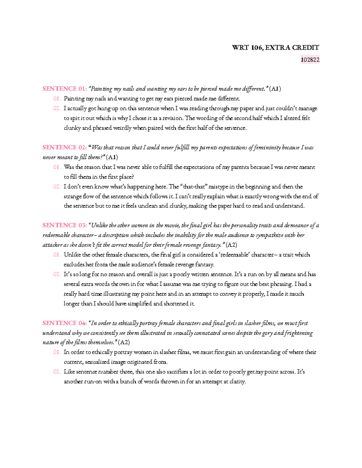 WRT 106 College Writing Intensive Extra Credit Sentence Revision - WRT ...