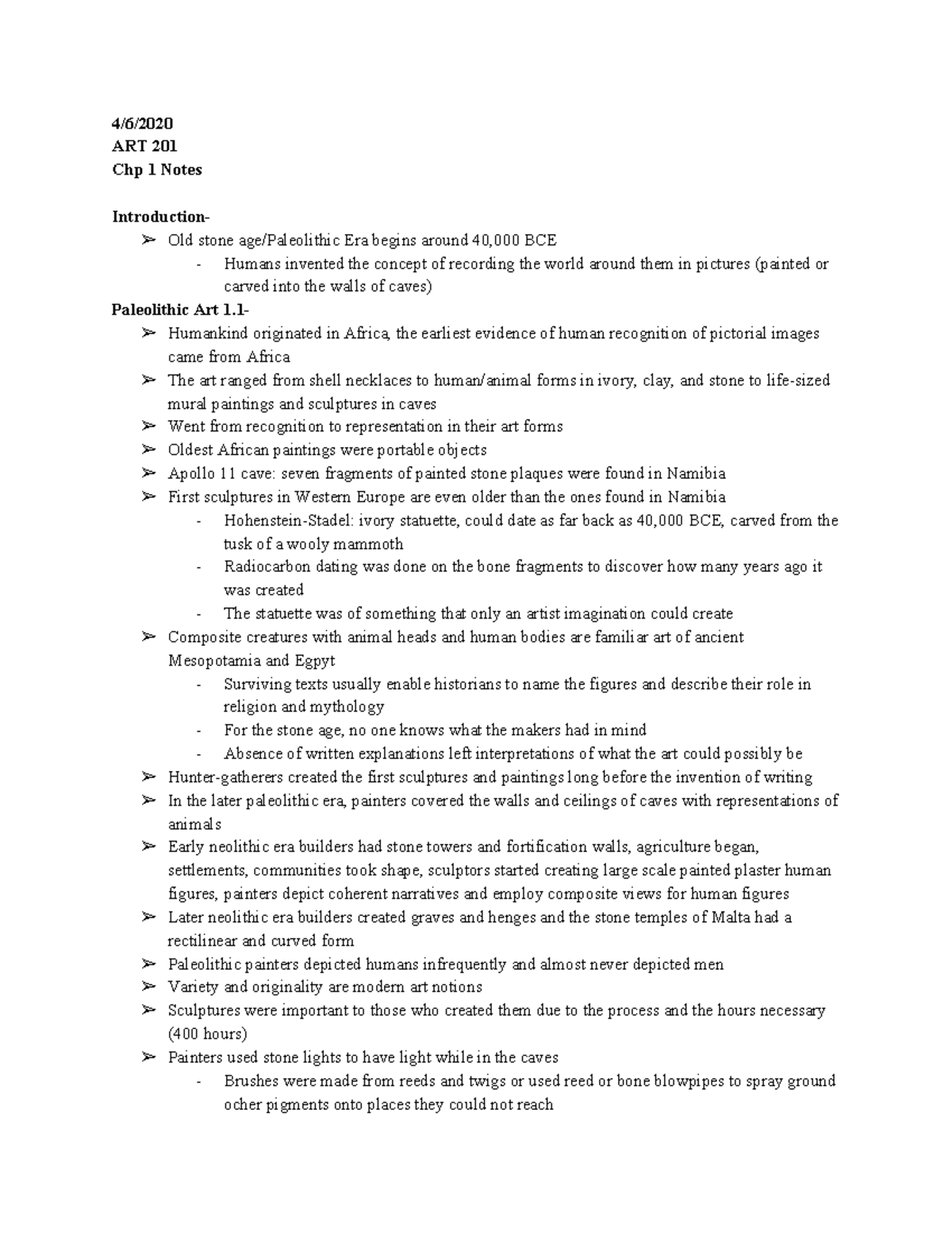 ART 201 Chp 1 - Notes did for the whole first chapter out of the ...