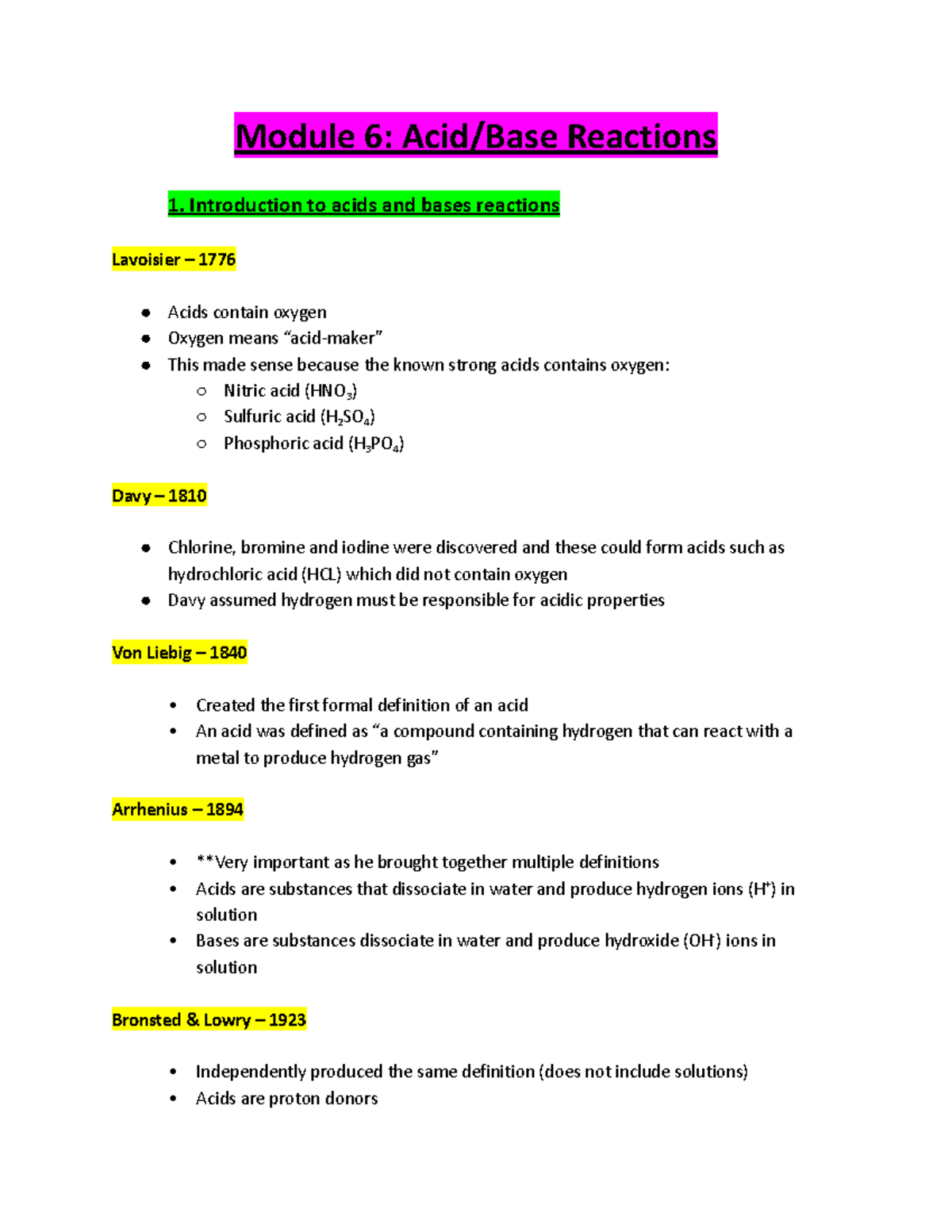 Chemistry Module 6 - notes - Module 6: Acid/Base Reactions 1 ...