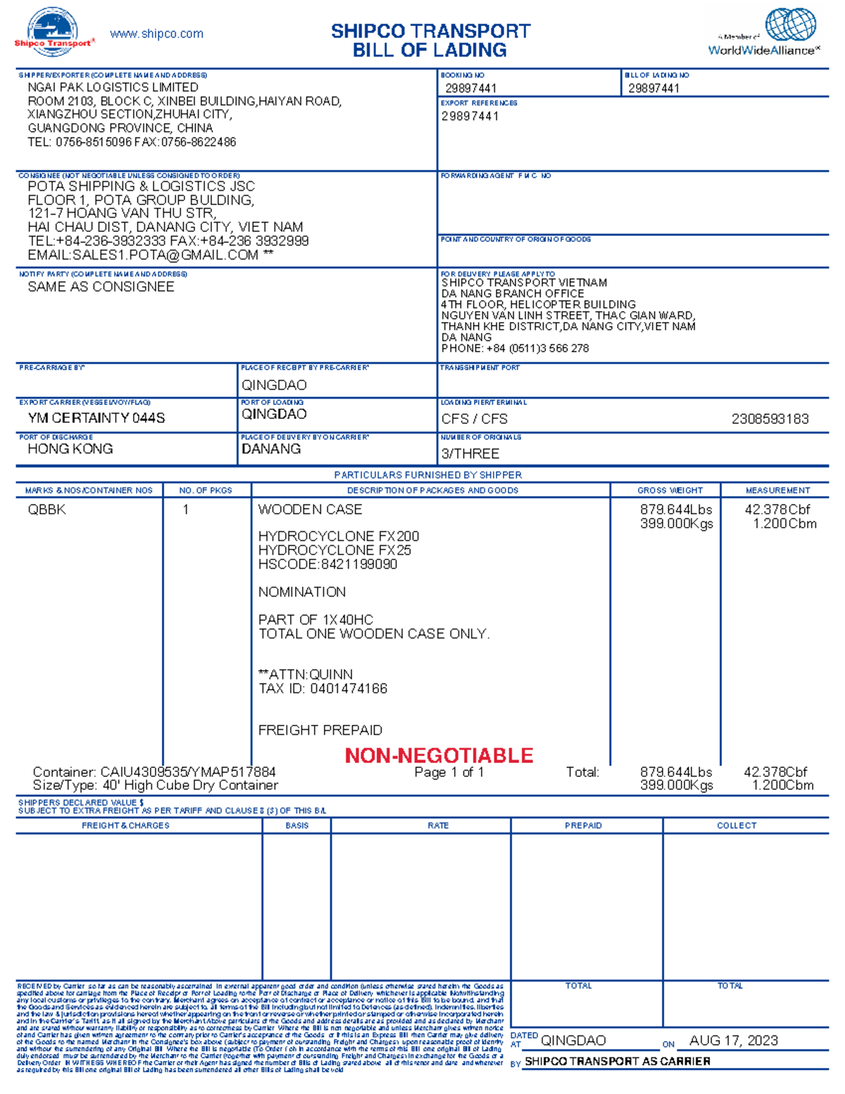 MBL Ryebfr BOL 29897441 20230818014549 - NON-NEGOTIABLE SHIPCO TRANSPORT BILL OF LADING - Studocu