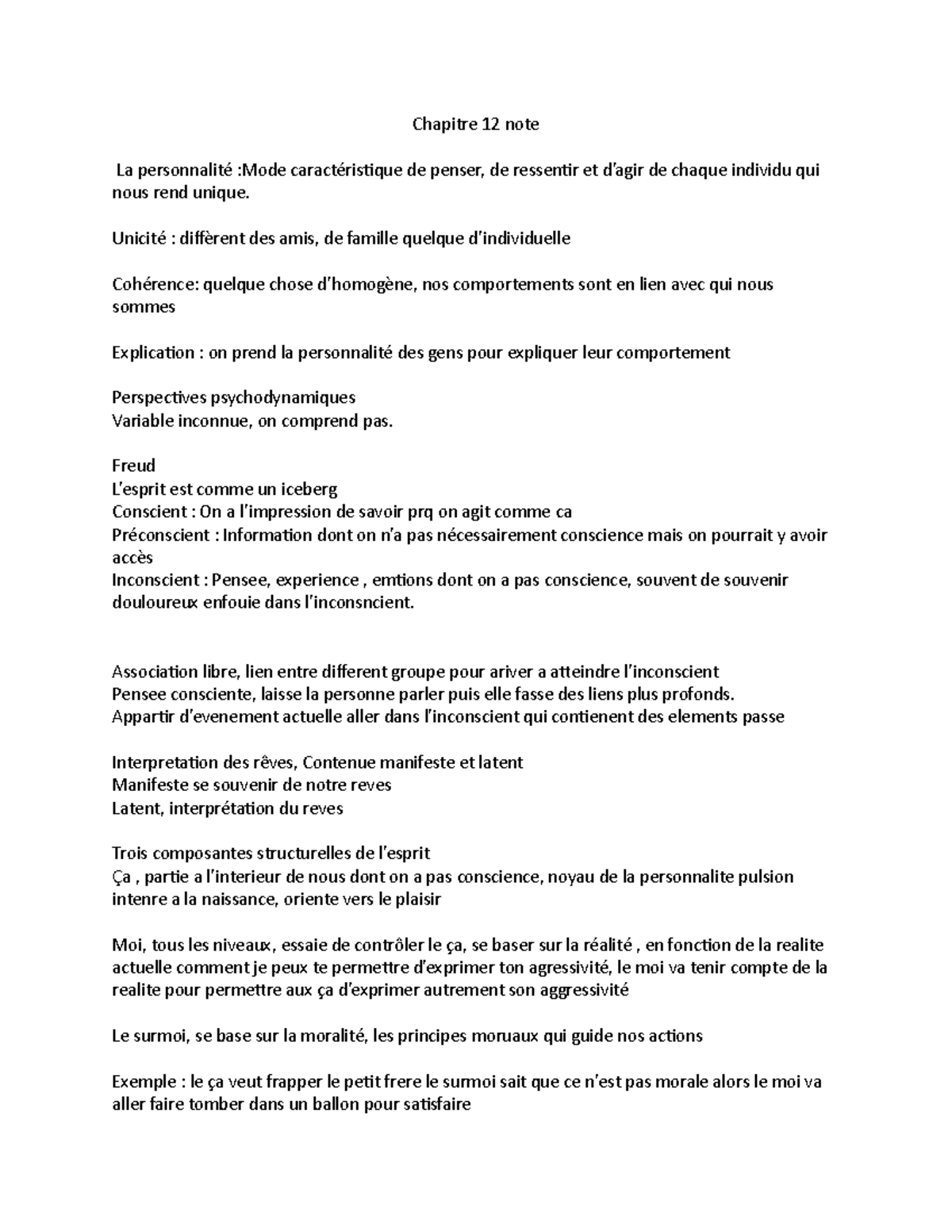 Chapitre 12 note - Note de cours - Chapitre 12 note La personnalité ...