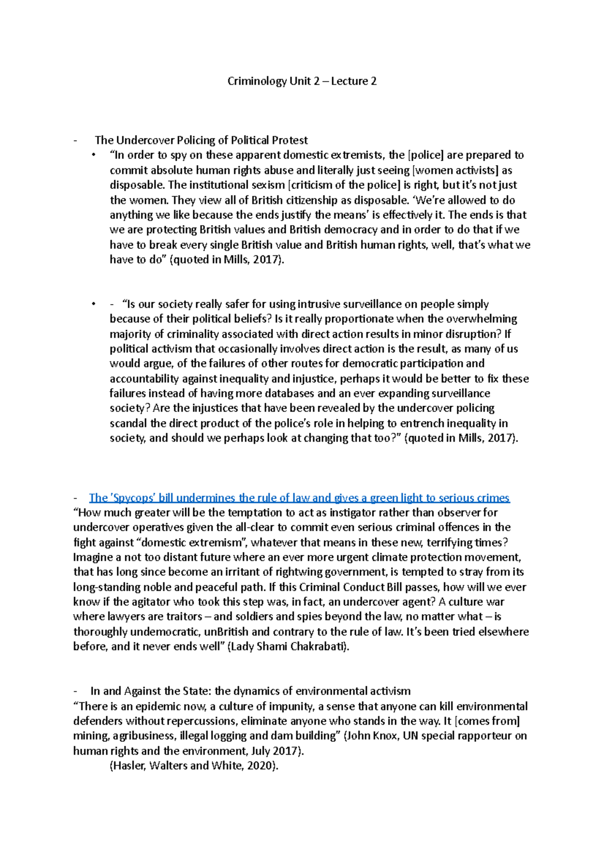 Criminology Unit 2 – Lecture 2 - Criminology Unit 2 – Lecture 2 The Undercover Policing of ...