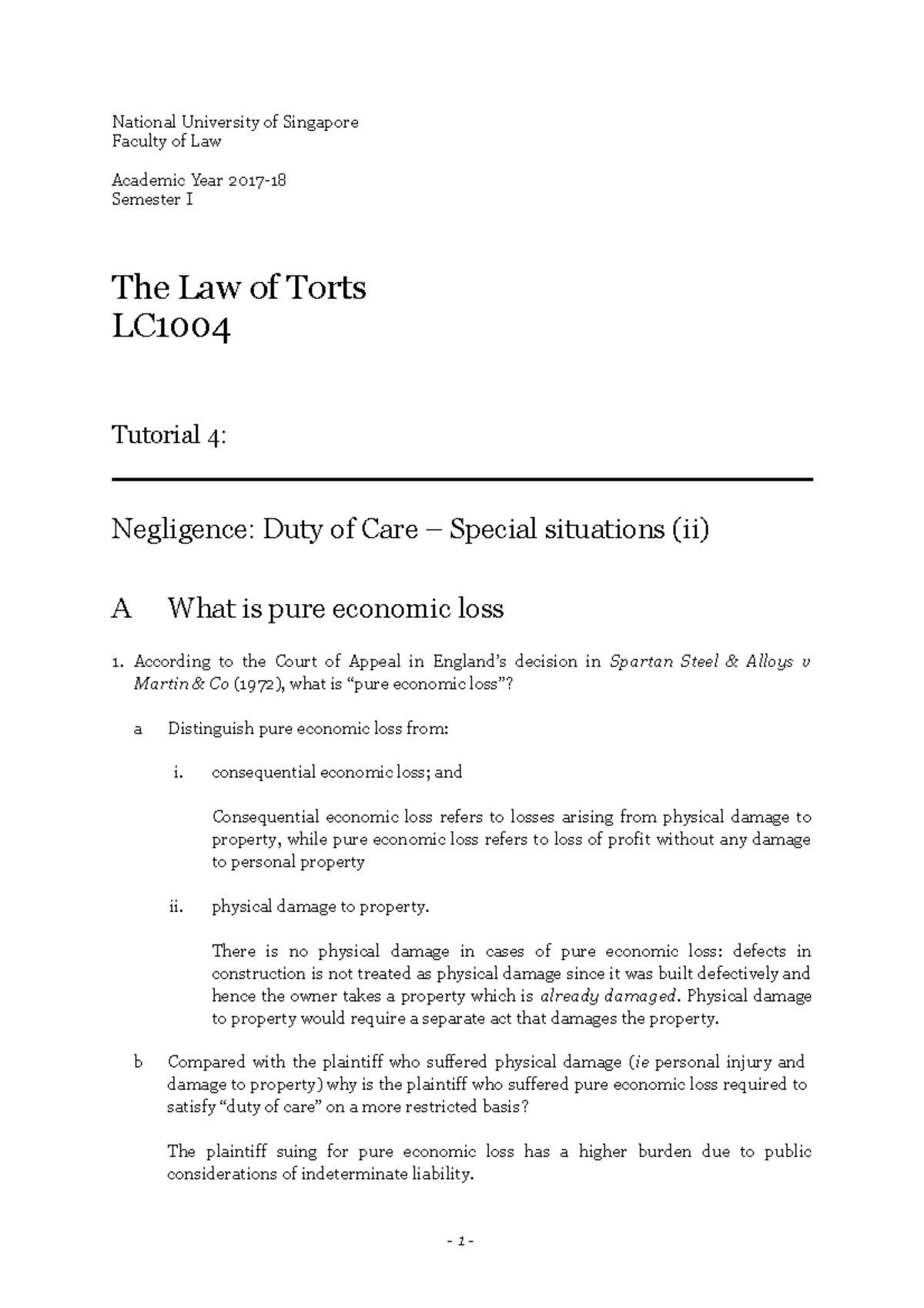 Tutorial 4 Duty of Care - Special situations (ii) - National University ...