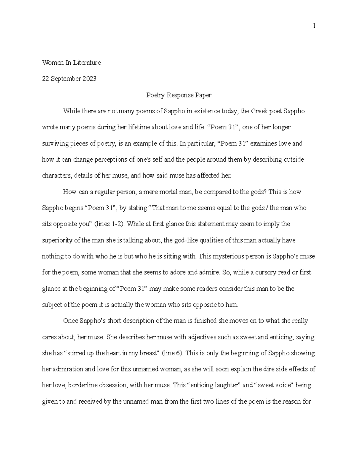 Poetry Response Paper - 1 Women In Literature 22 September 2023 Poetry ...