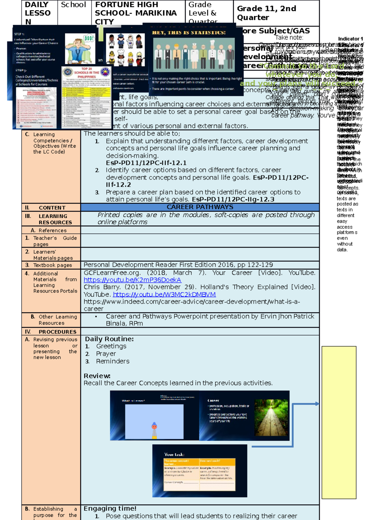 CO1 - A sample classroom observation DLP for Career. - Remarks: DAILY ...